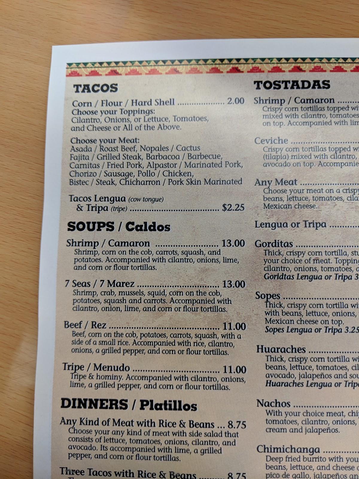 Menu at Taqueria Don Julios restaurant, Ruskin