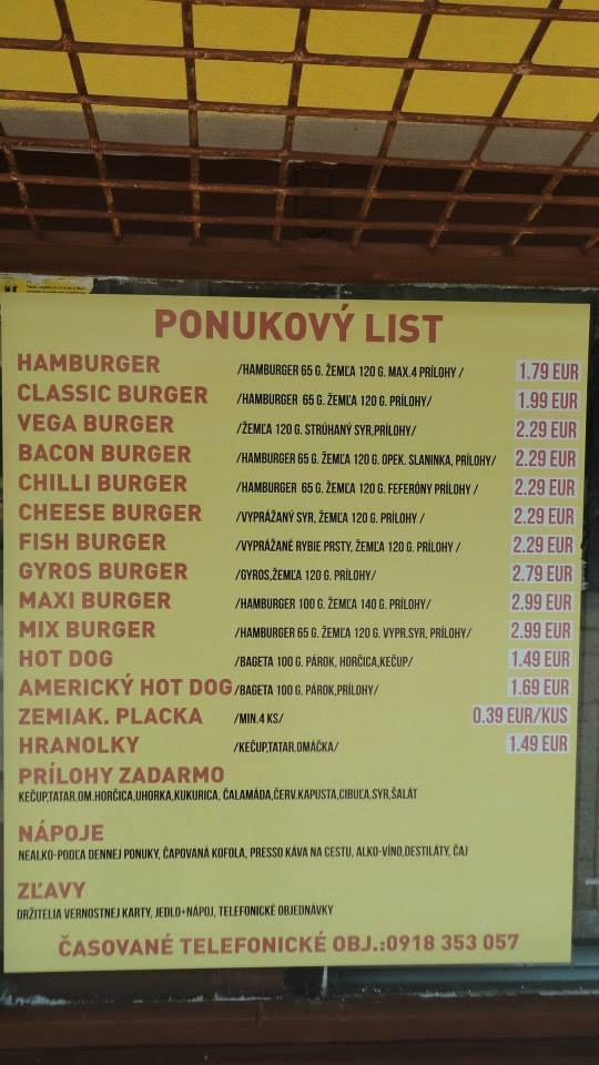 Menu at jumboburger restaurant, Košice