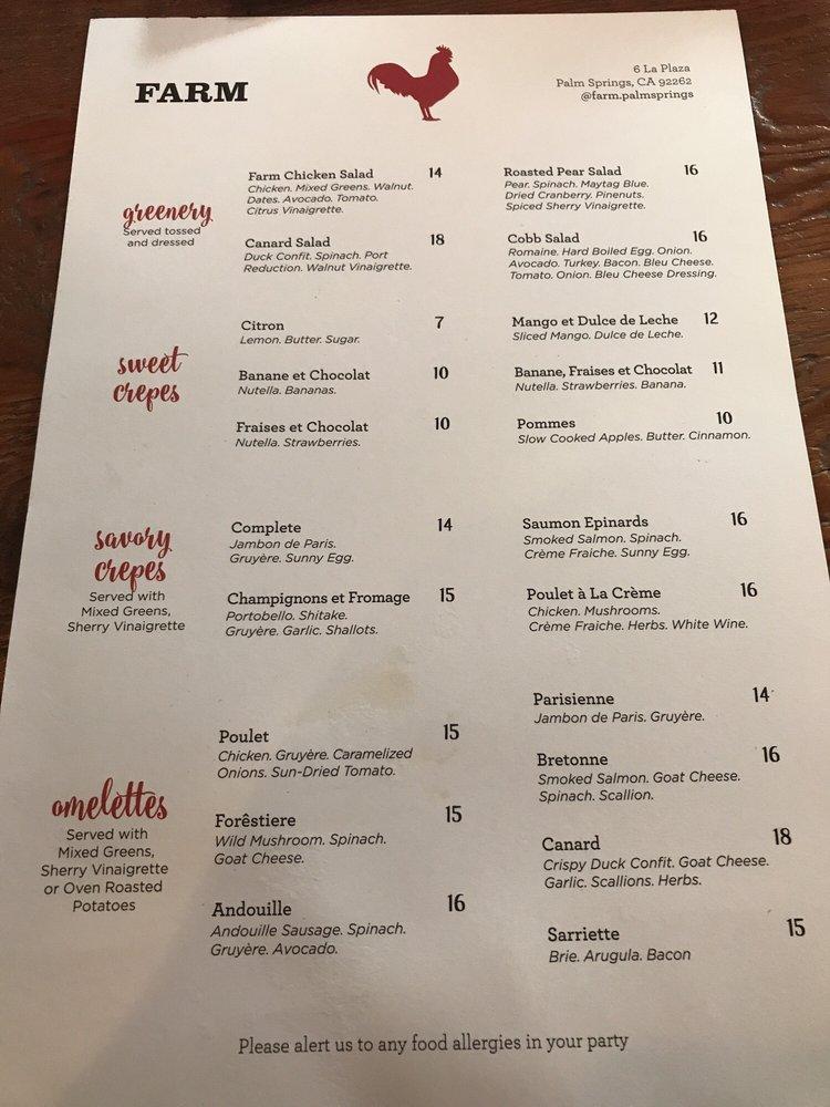 Menu at Farm restaurant, Palm Springs