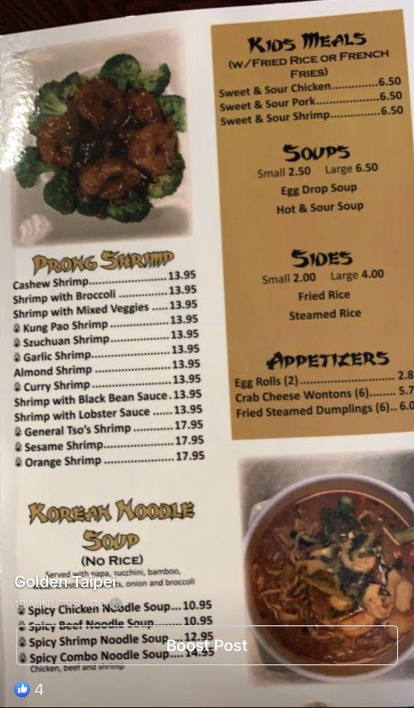 Menu at Golden Taipei restaurant, Colby