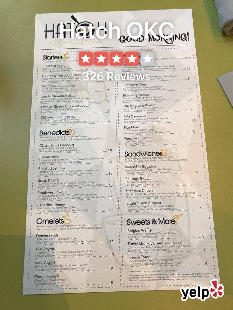 Menu at Hatch Early Mood Food restaurant, Oklahoma City, 1101 N ...