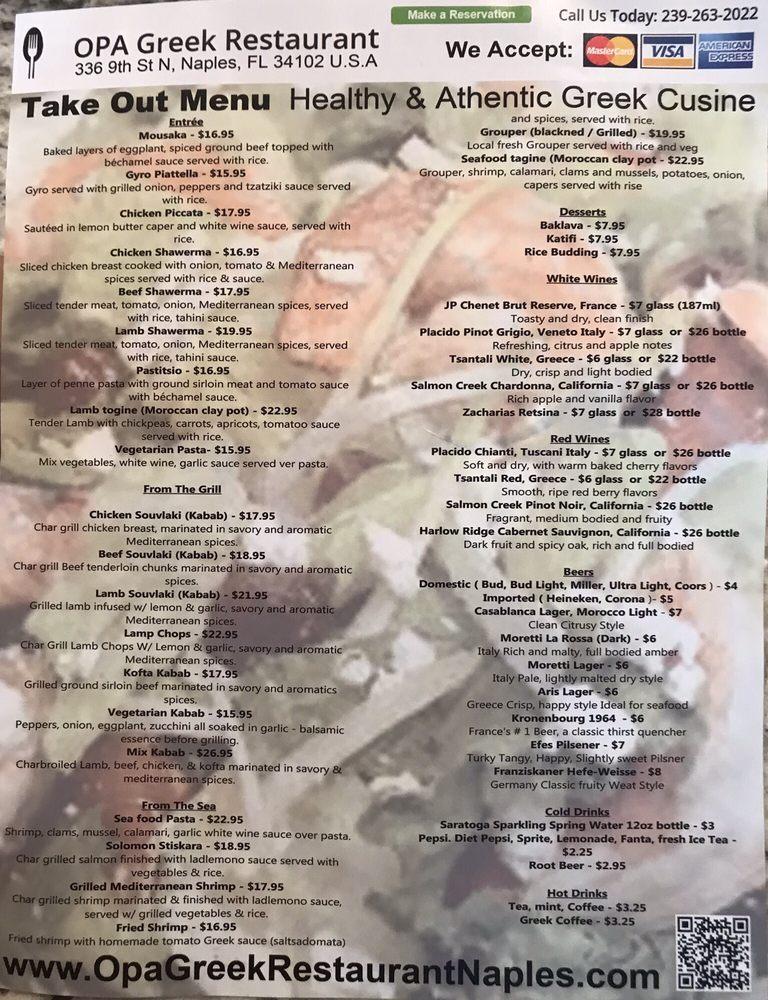 Menu at Opa Greek Restaurant, Naples, 336 9th St N