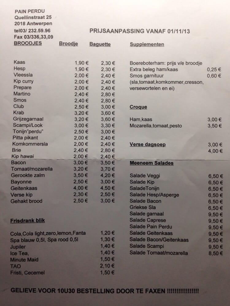 Menu at Pain Perdu, Antwerp