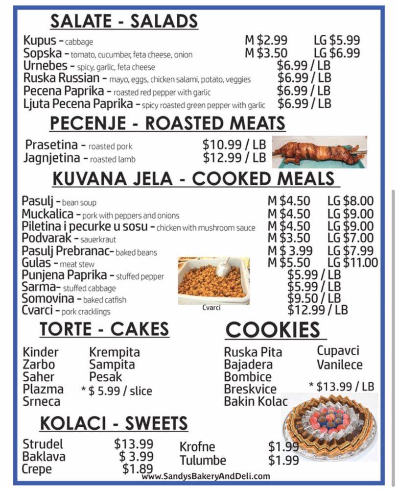 Menu at Sandy's Bakery & Deli, Chicago