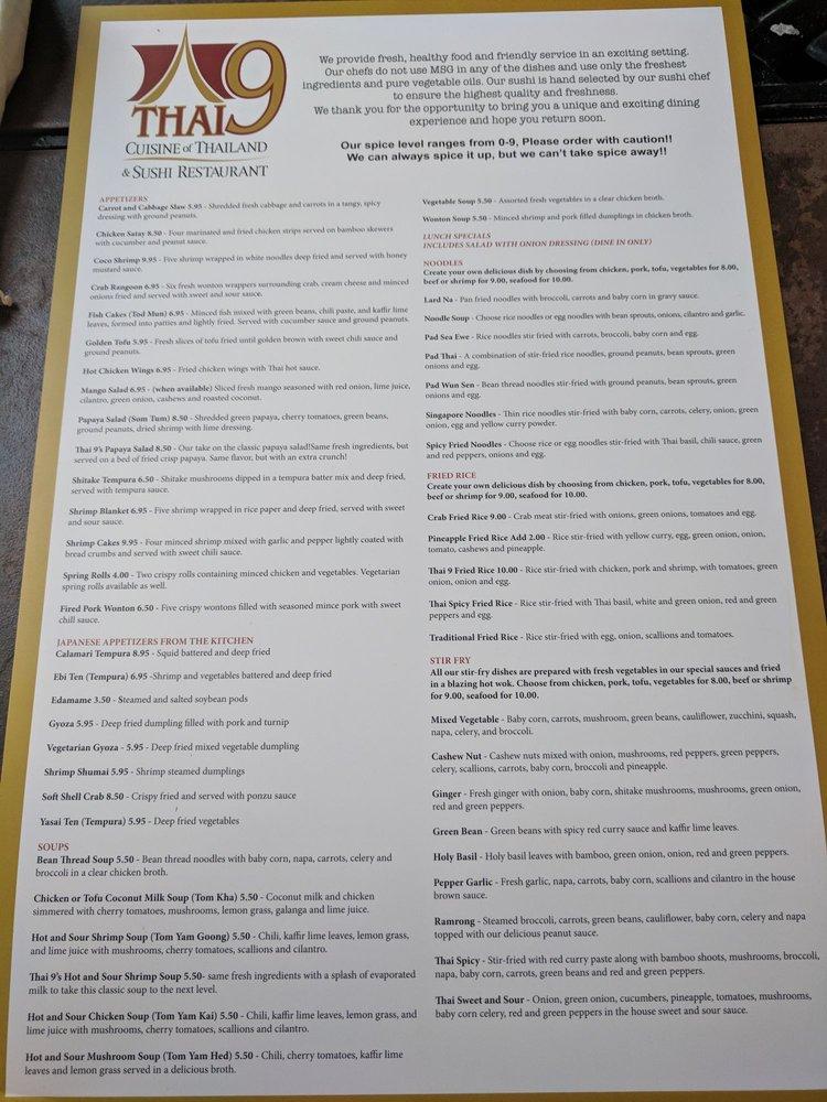 Menu at Thai 9 restaurant, Dayton