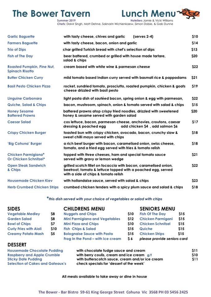 Menu at The Bower Tavern restaurant, Cohuna