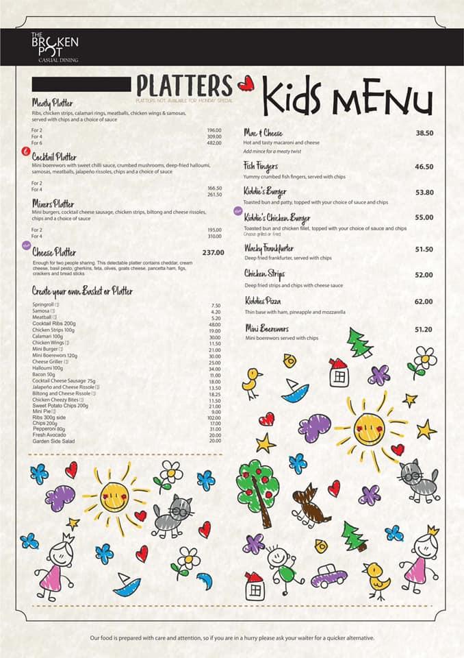 Menu at The Broken Pot restaurant, Potchefstroom