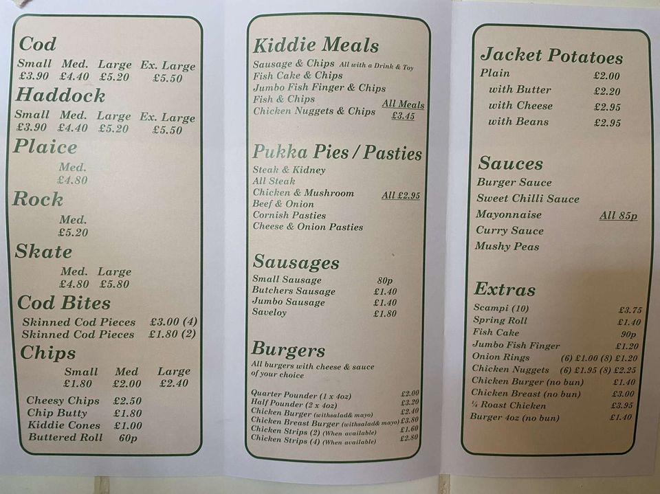 Menu at The Village Fryer fast food, Lowestoft