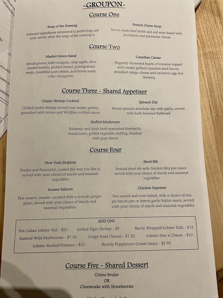 Menu at Wildfire Grill House steakhouse, Niagara Falls