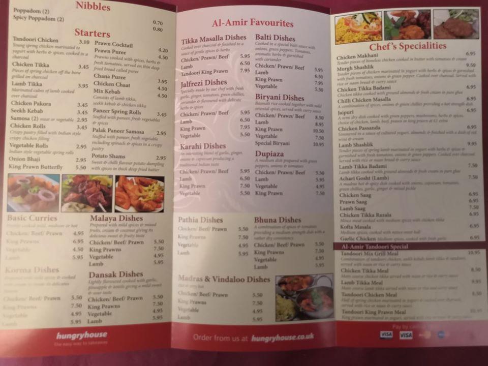 Menu at Al Amir restaurant, Blackpool
