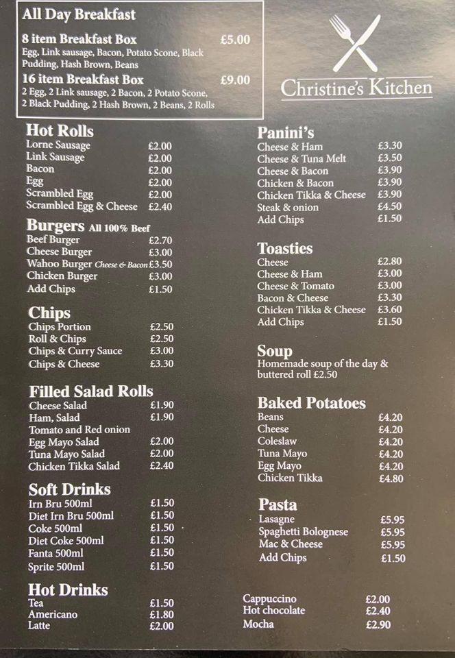Menu at Christine's kitchen restaurant, Kilsyth
