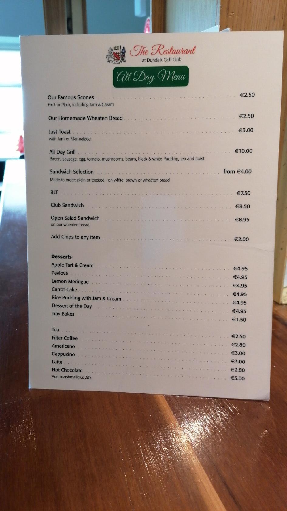 Menu at Dundalk Golf Club, Dundalk