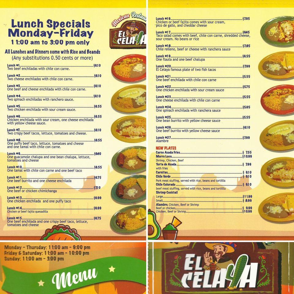 Menu at El Celaya restaurant, Roland, 100 W Ray Fine Blvd