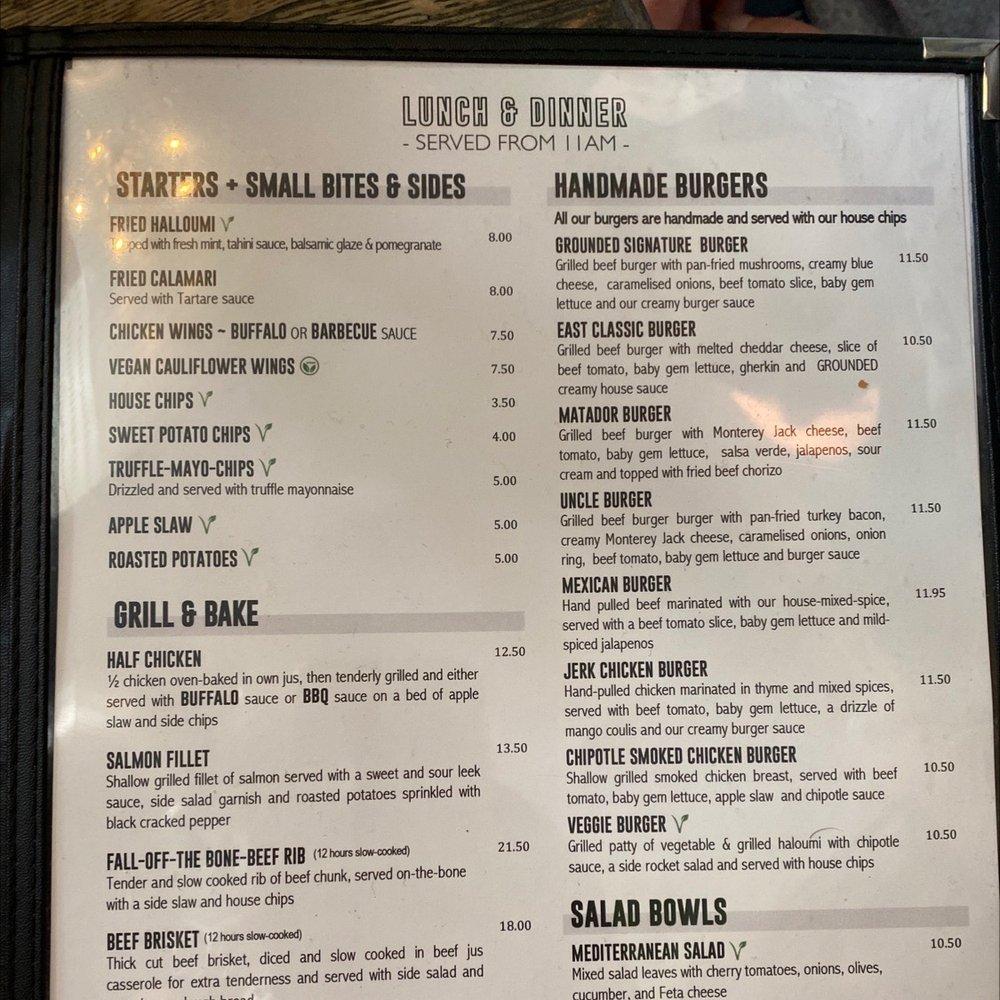 Menu at Grounded London restaurant, London, 9 Whitechapel Rd