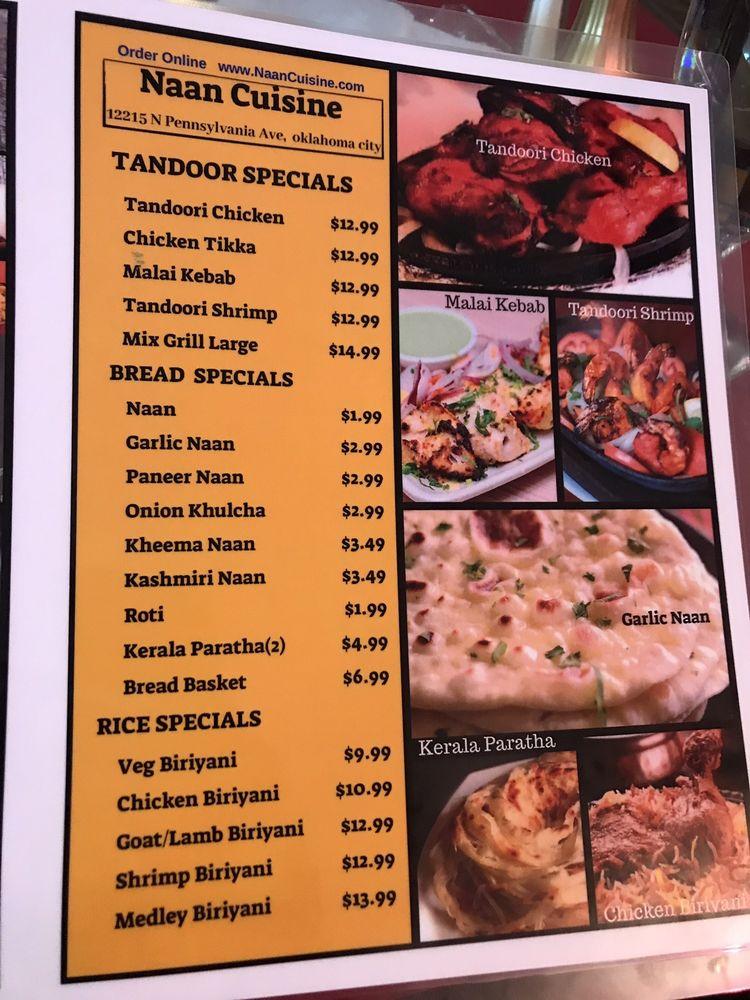Menu at Naan Cuisine of India restaurant, Oklahoma City
