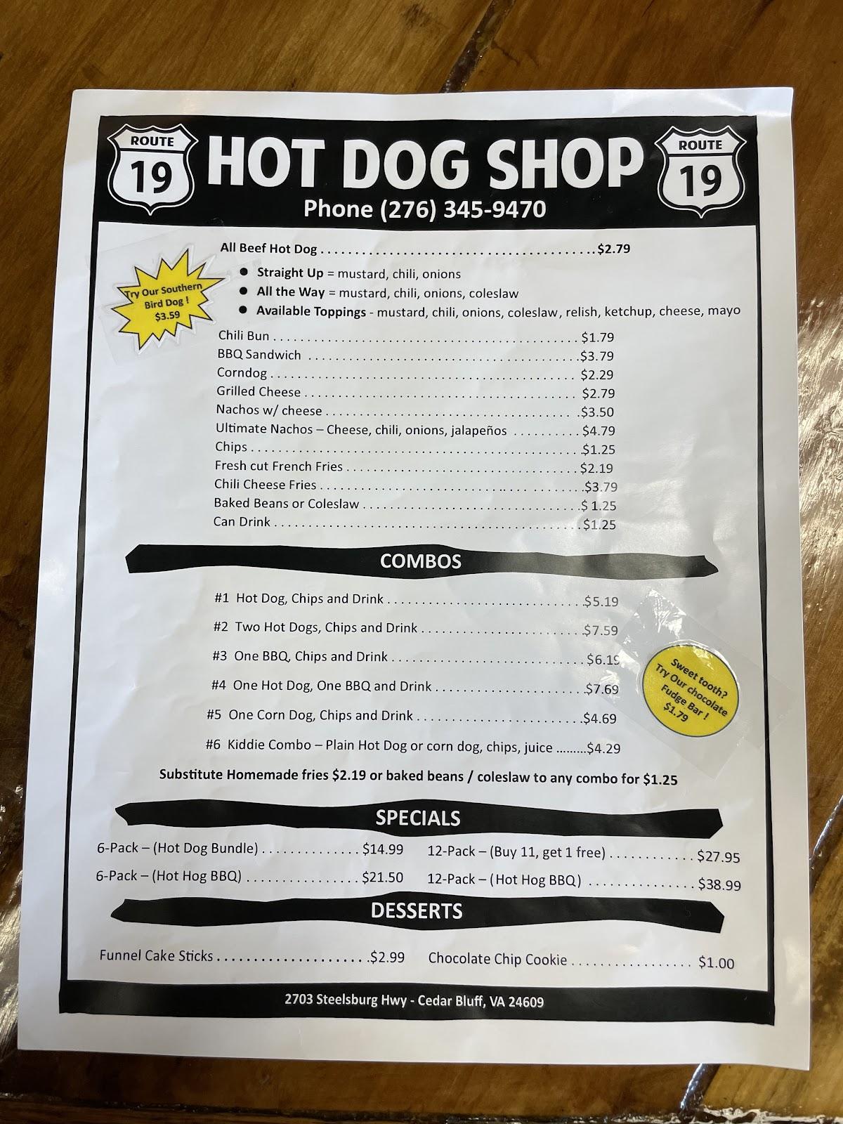 Menu at Route 19 Hot Dog Shop restaurant, Cedar Bluff