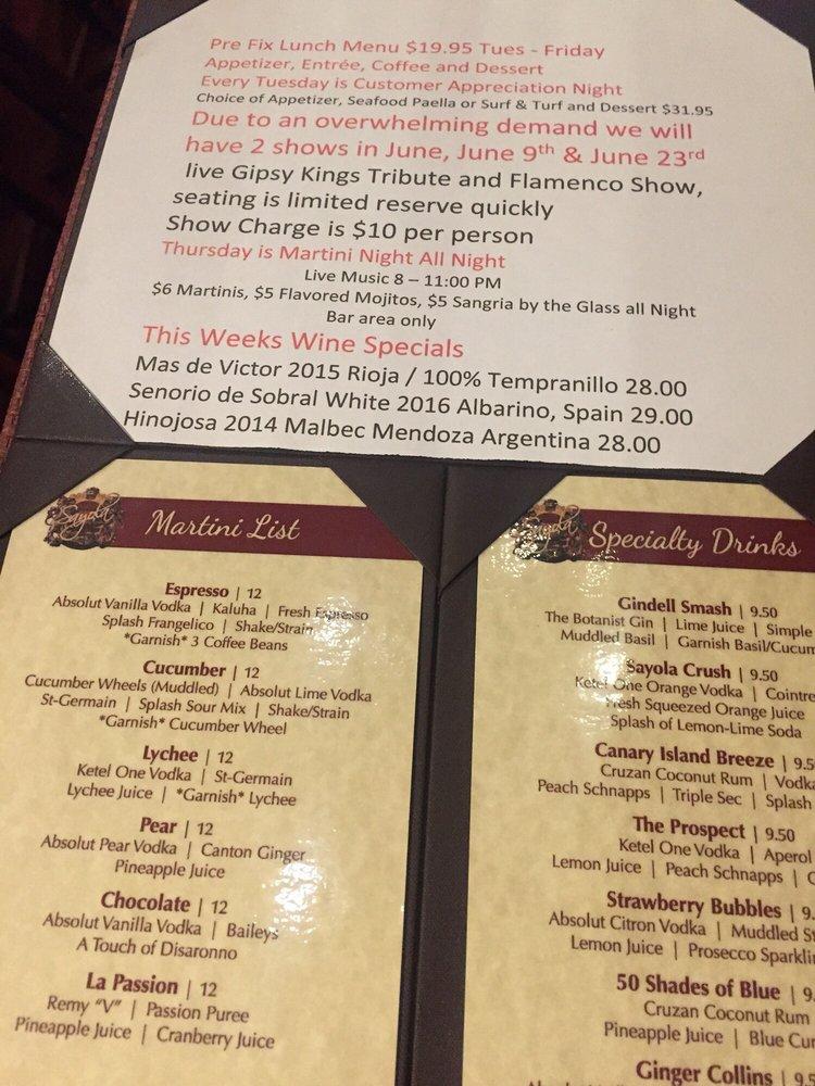 Menu at Sayola Restaurant, Tenafly