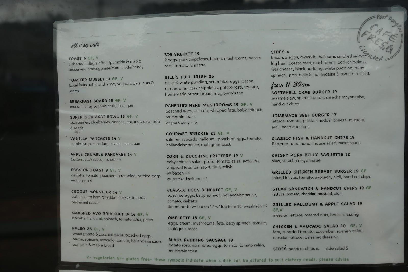 Menu at Siam by The Sea restaurant, Port Douglas