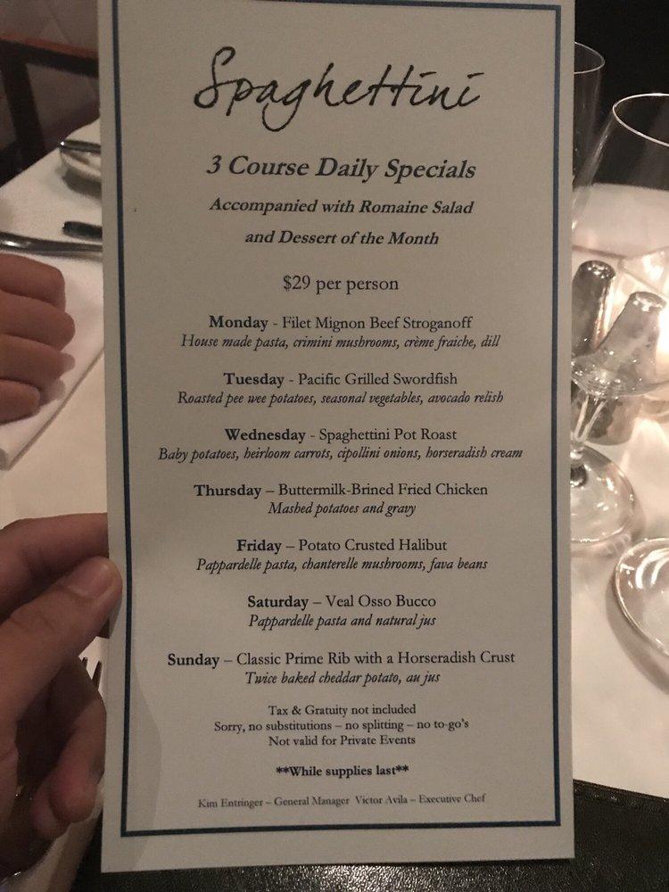 Menu at Spaghettini restaurant, Seal Beach, Old Ranch Pkwy