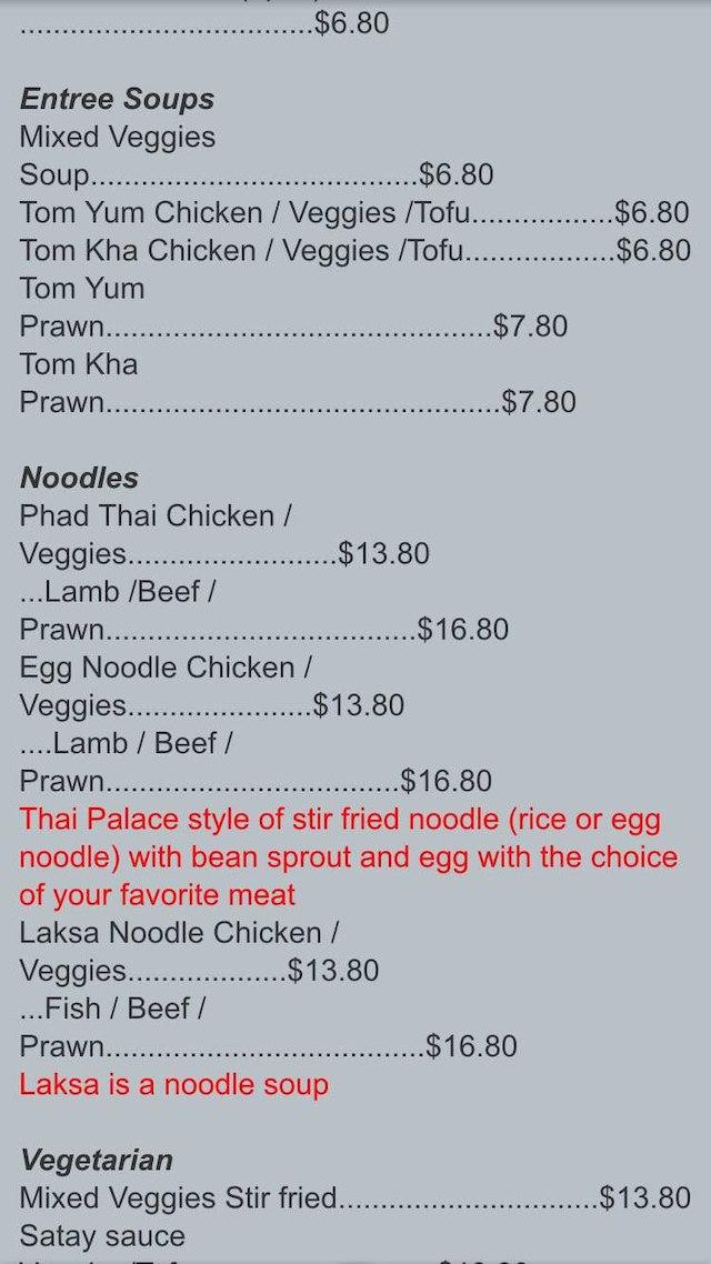 Menu at Thai Palace Restaurant, Scarborough