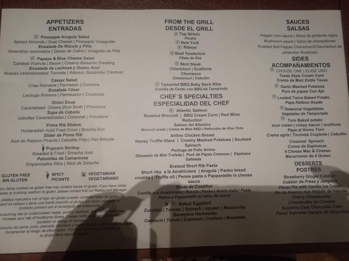 Menu at Toro restaurant, Punta Cana