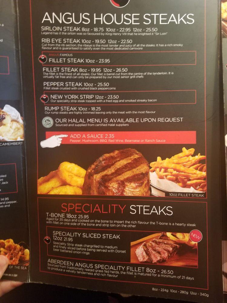 Menu at Angus Steakhouse Leicester Square, London, 20 Cranbourn St