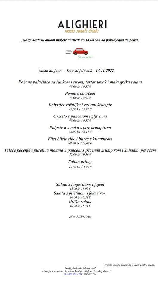 Menu at Bistro Alighieri restaurant, Pula