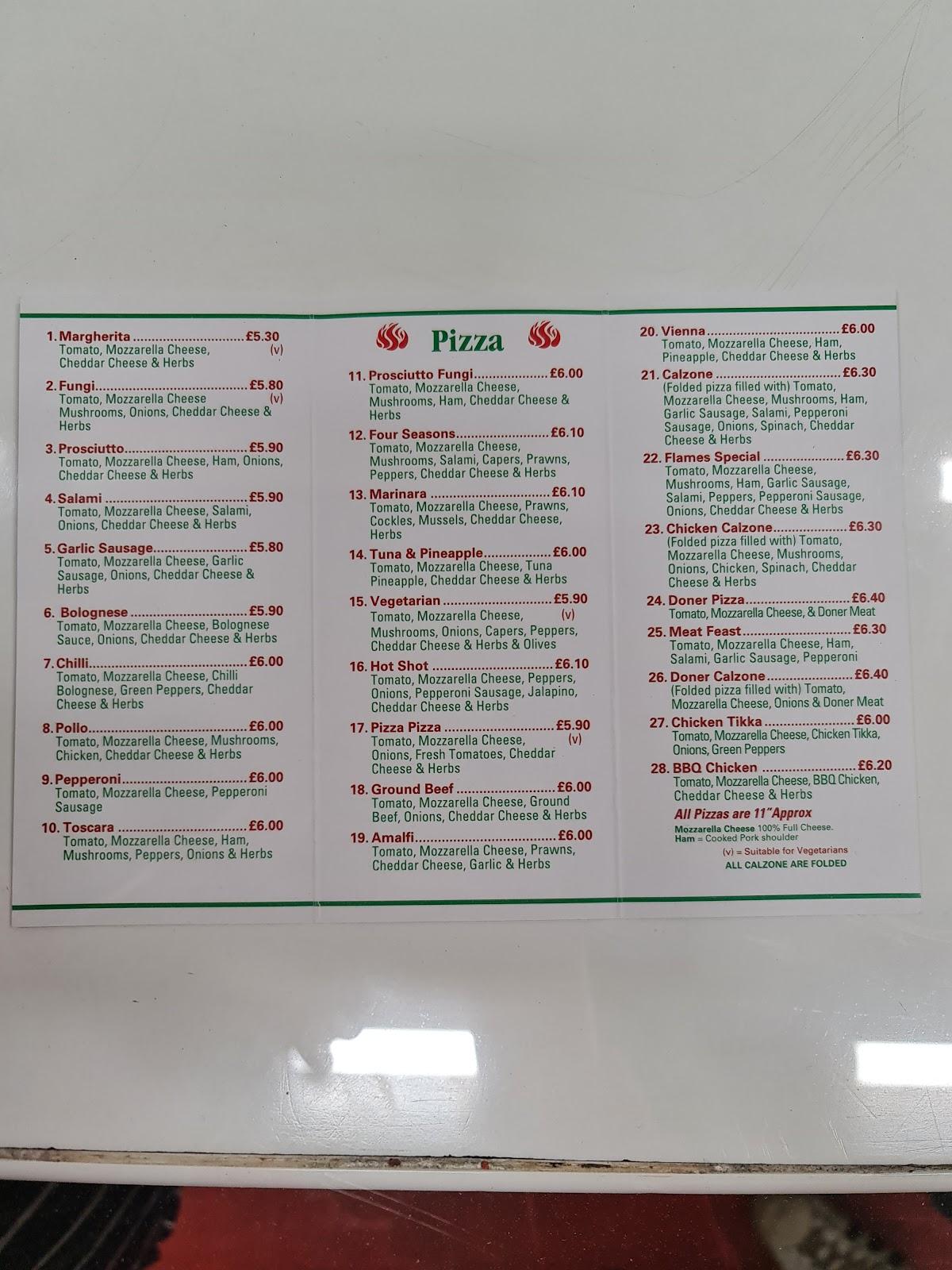 Menu at Flames Takeaway pizzeria, Scarborough