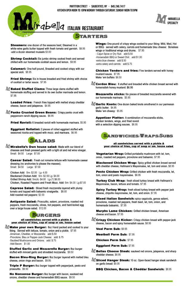 Menu at Mirabellas pub & bar, Saugerties