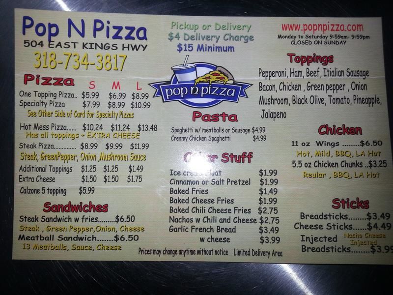 Menu at Pop N Pizza pizzeria, Shreveport, 504 E Kings Hwy c