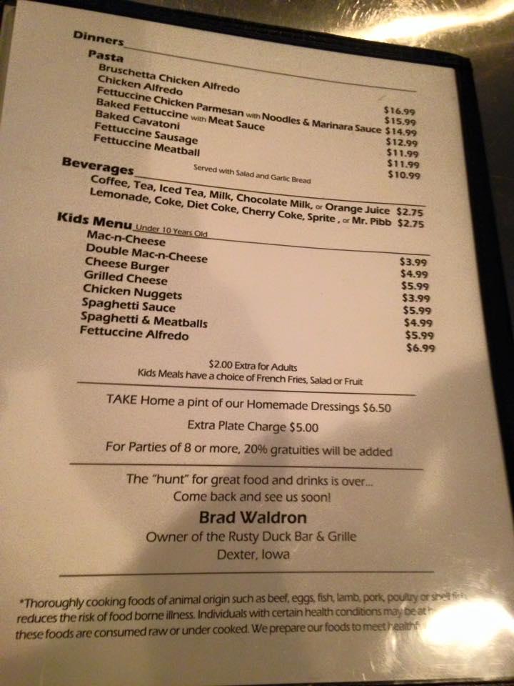Menu at Rusty Duck pub & bar, Dexter