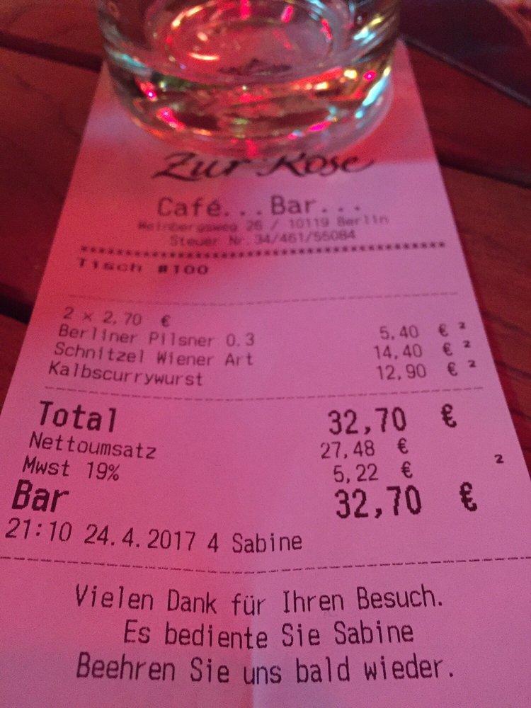 Menu at Zur Rose restaurant, Berlin