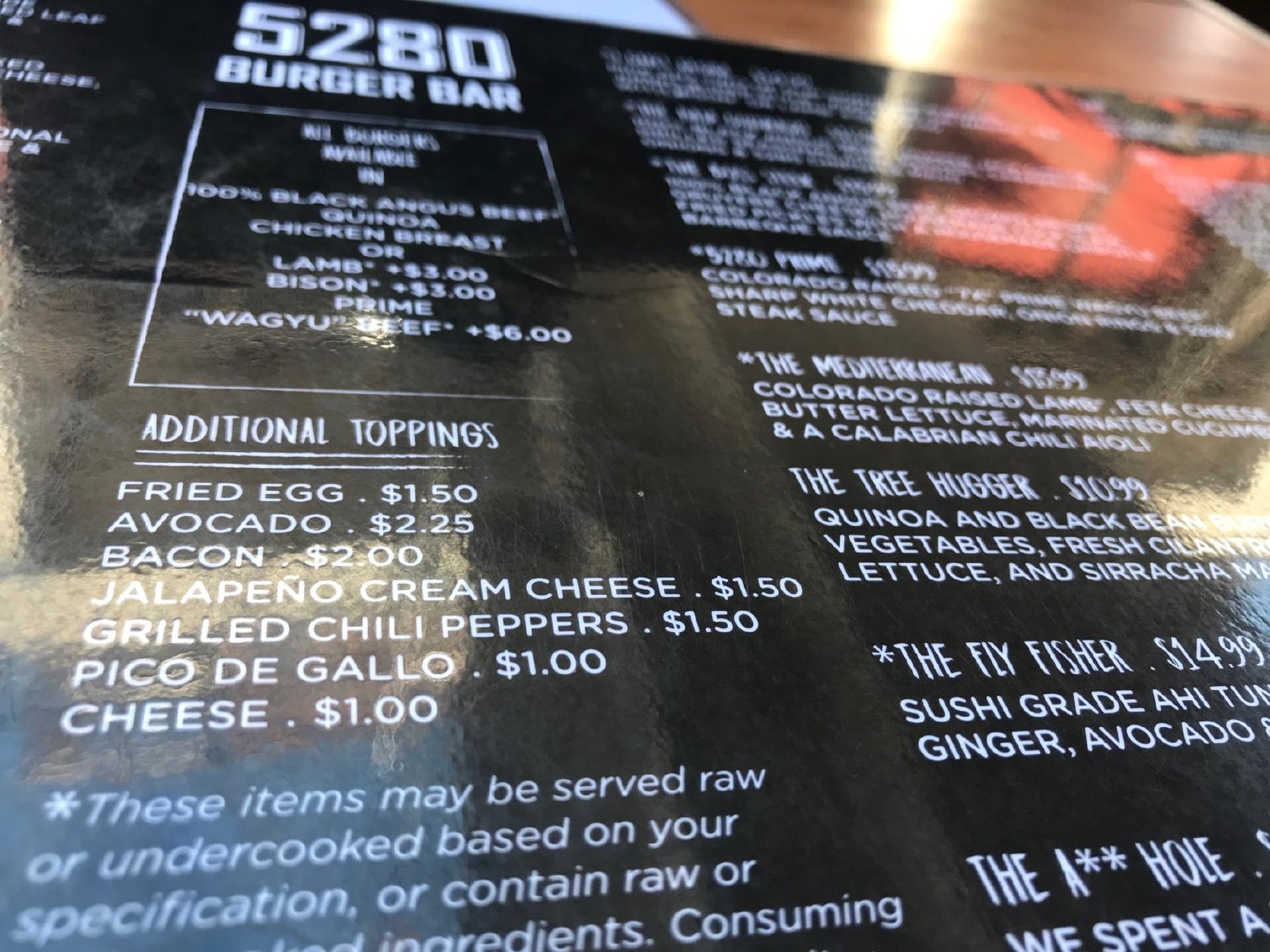 Menu at 5280 Burger Bar, Denver, 500 16th St Mall Suite 160