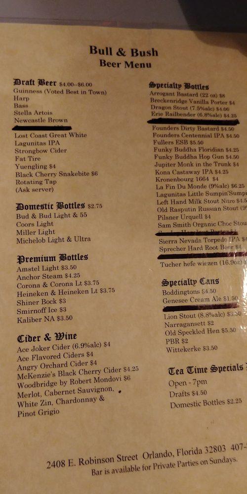 Menu at Bull & Bush Pub, Orlando