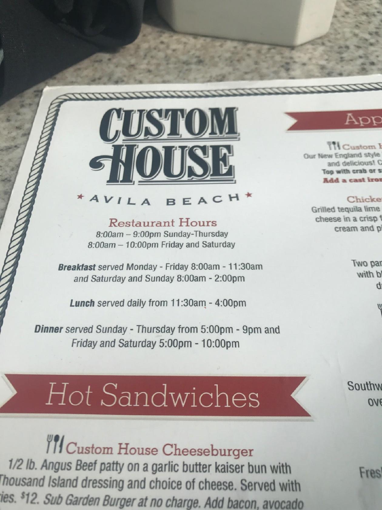 Menu at Custom House restaurant, Avila Beach