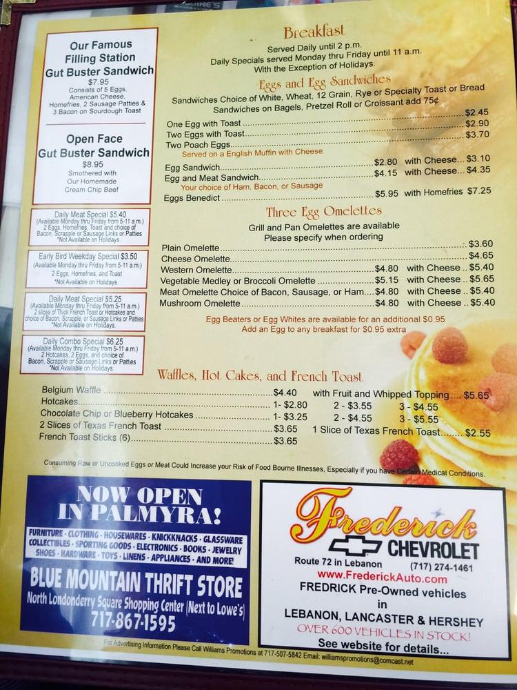 Menu at Filling Station restaurant, Palmyra