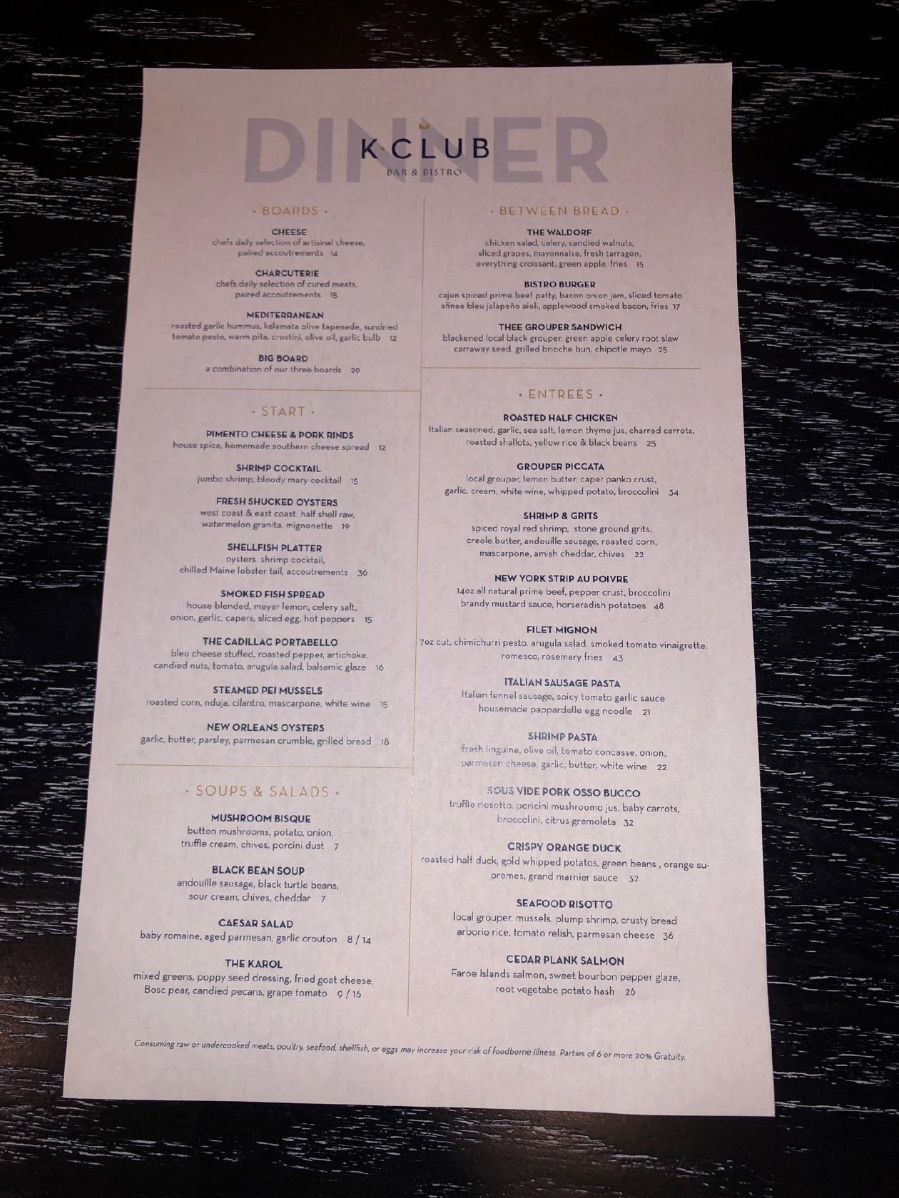 Menu at K Club Bar & Bistro, Clearwater