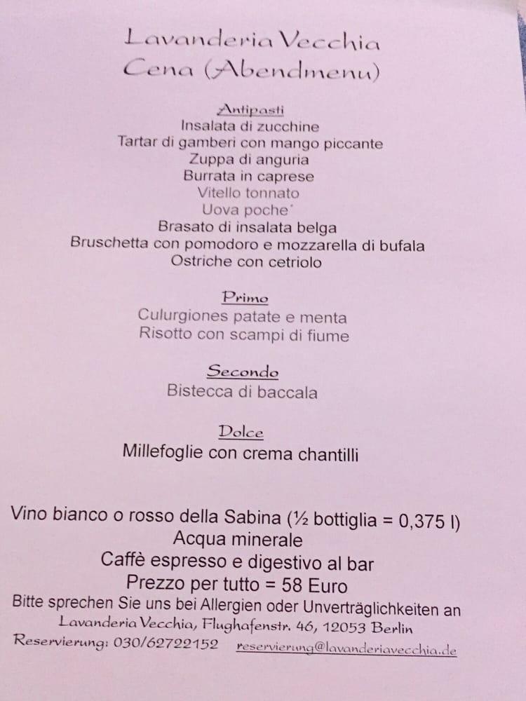 Menu at Lavanderia Vecchia restaurant, Berlin