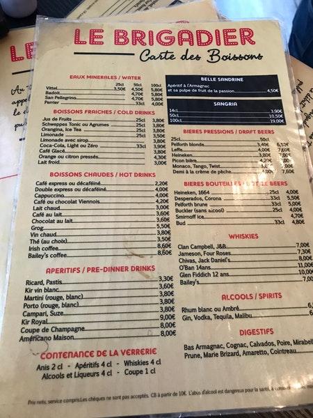 Carta del restaurante Le Brigadier, Paris