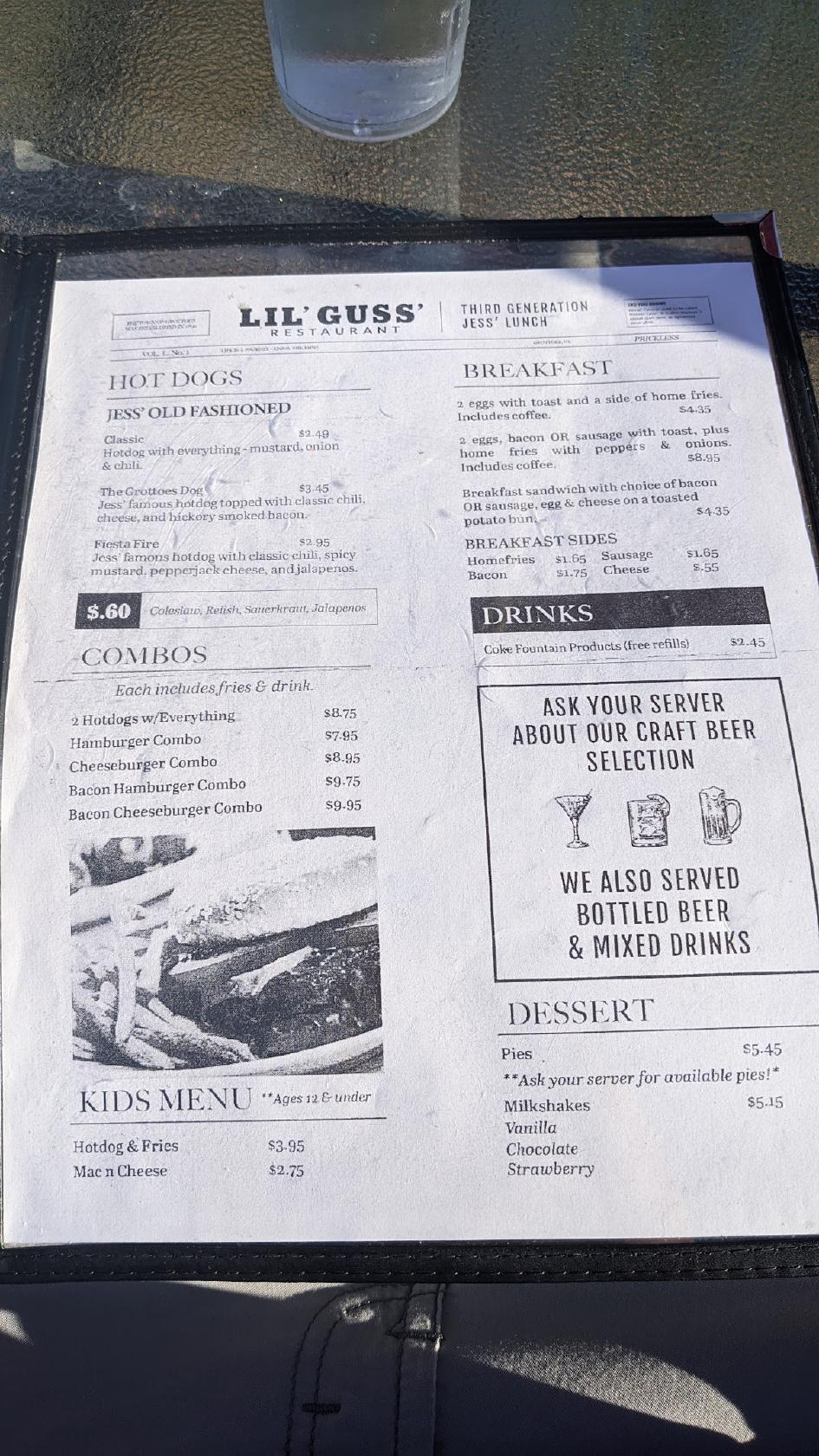 Menu at Lil Gus's pub & bar, Grottoes
