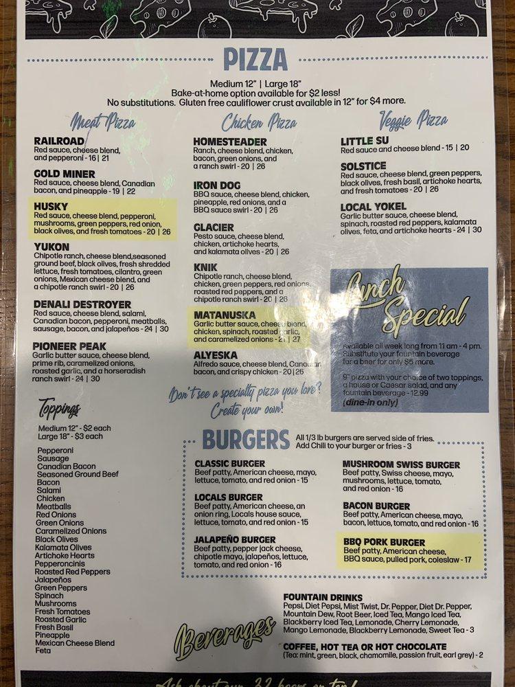 Menu at Locals Pub & Pizzeria, Wasilla