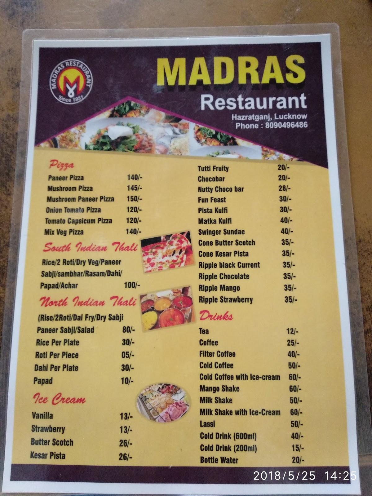 Menu at Madras Restaurant, Lucknow, Market Area