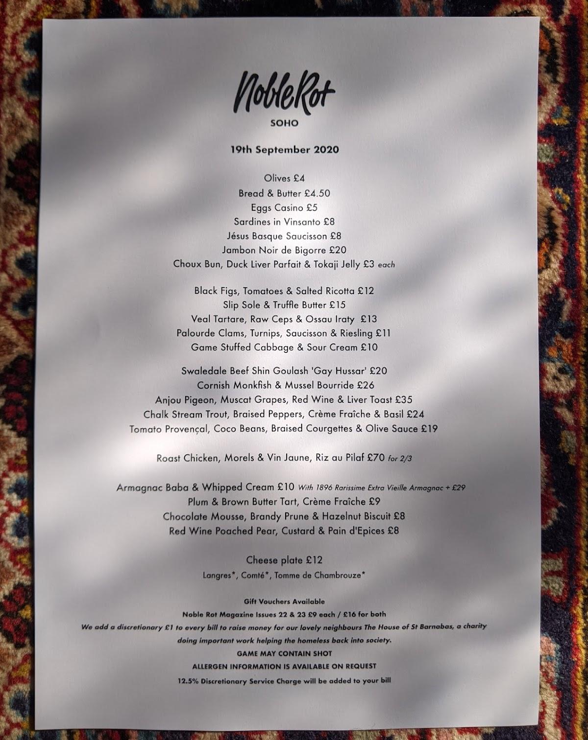 Menu at Noble Rot Soho restaurant, London, 2 Greek St