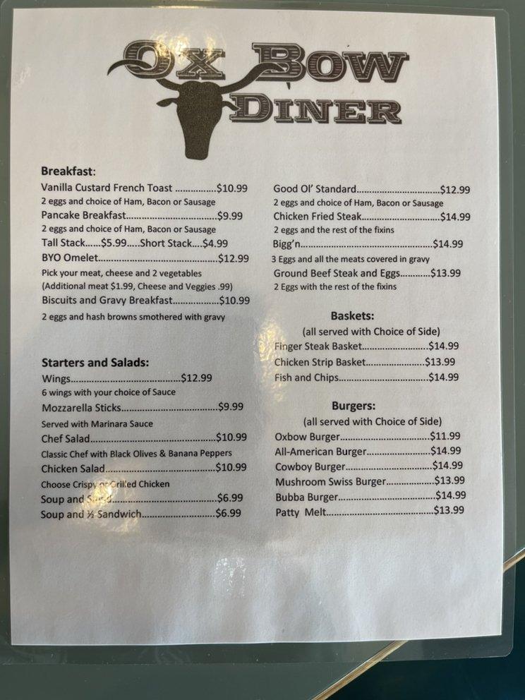 Menu at Oxbow Diner & Spirits cafe, Bliss