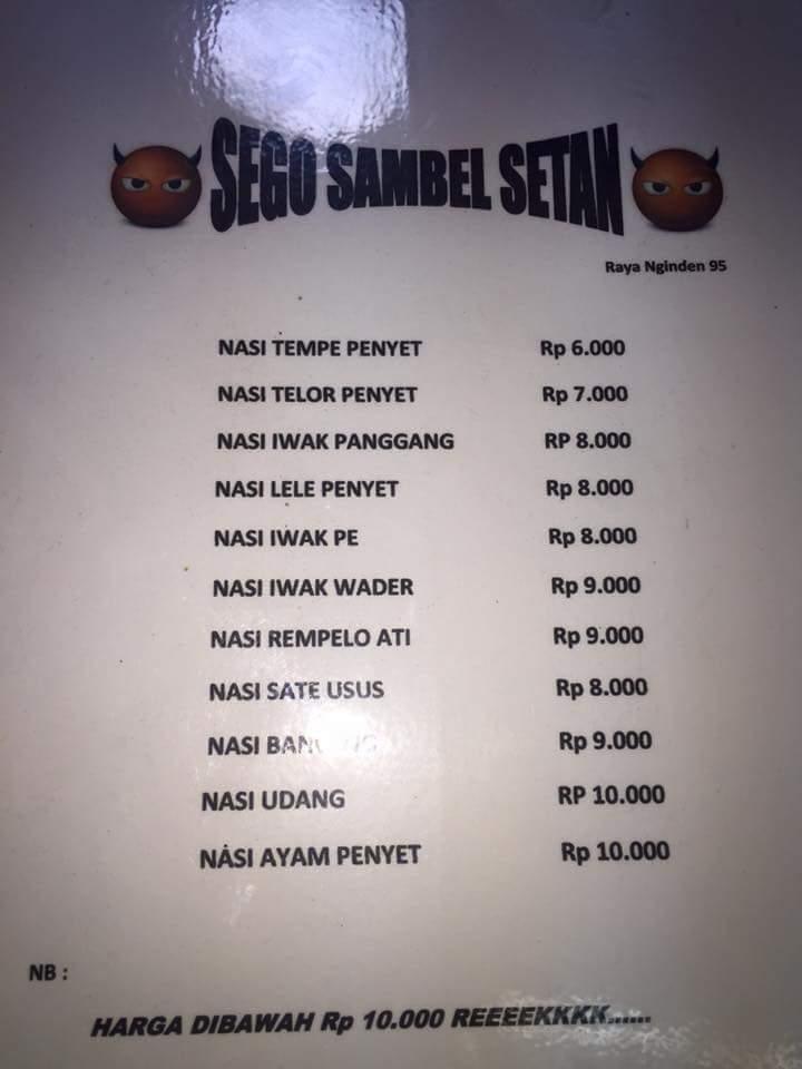 Menu at Sego Sambel Setan restaurant, Surabaya