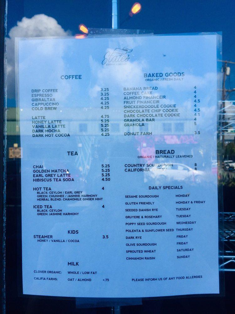 Menu at States Coffee restaurant, Oakland, 419 40th St
