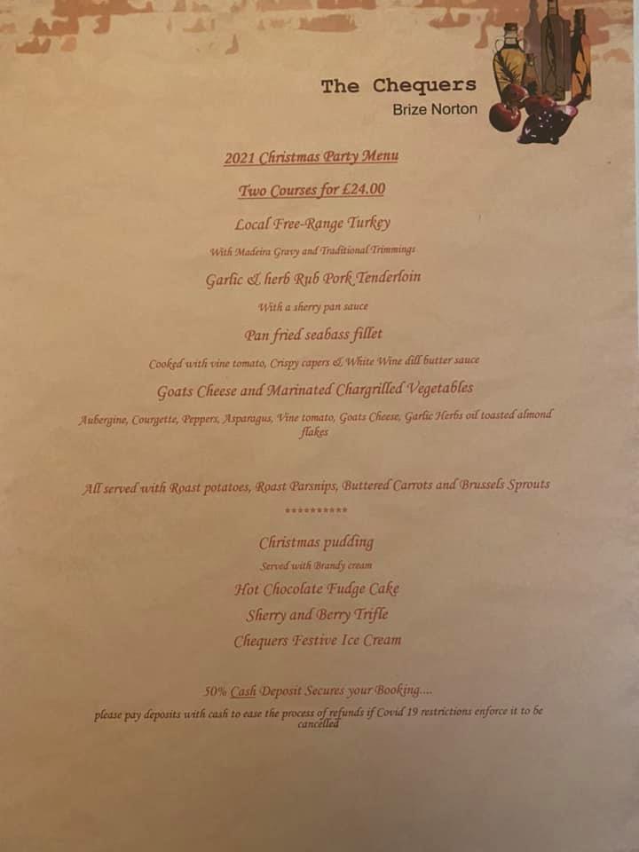 Menu at The Chequers restaurant, Carterton
