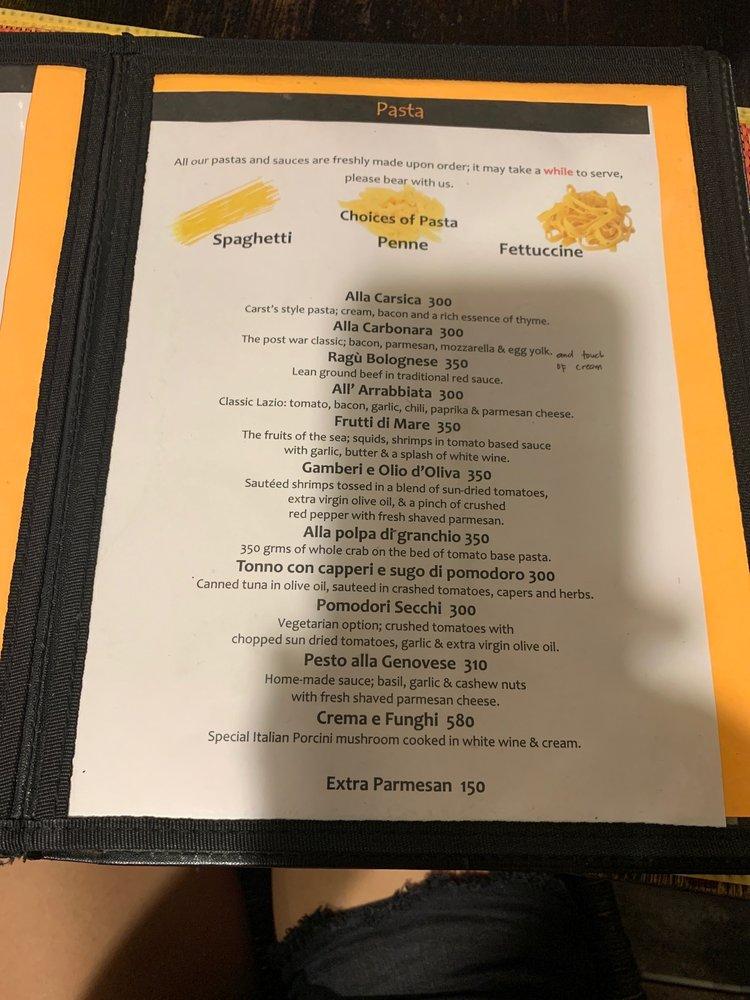 Menu at Trattoria Altrove restaurant, El Nido
