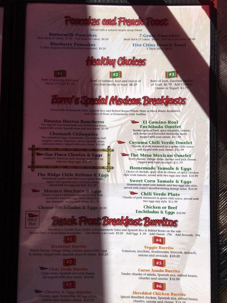 Menu at Zorro's Cafe & Cantina, Pismo Beach