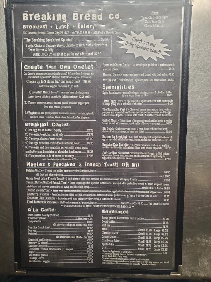 Menu at Breaking Bread Co. restaurant, Ellwood City